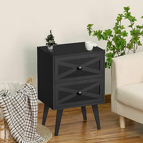 Lerliuo Black Nightstand, Bed Side Table with 2 Drawers Barn Door, Solid Wooden Legs Night Stand, Mid Century Modern End Table Storage Wood Cabinet Dresser for Bedroom, Living Room, Dorm