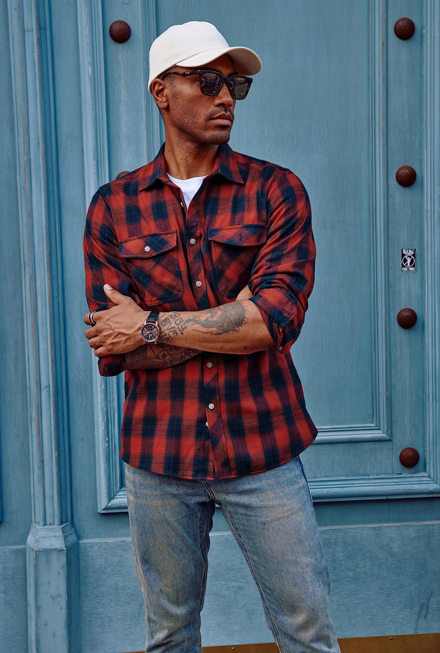 PJ PAUL JONES Mens Casual Button Down Shirts Flannel Plaid Cotton Regular Fit Long Sleeve Shirts Red Large