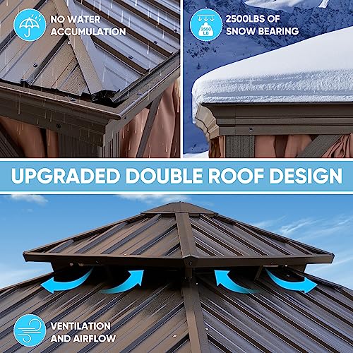 12' x 12' Hardtop Gazebo, Double Roof Permanent Patio Metal Gazebo Canopy with Netting and Shade Curtains, Drainage Ditch Design, Aluminum Pergola for Patio Backyard Deck and Lawns