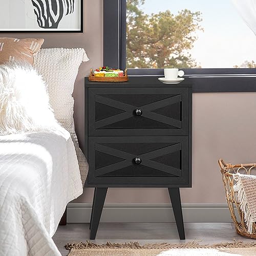 Lerliuo Black Nightstand, Bed Side Table with 2 Drawers Barn Door, Solid Wooden Legs Night Stand, Mid Century Modern End Table Storage Wood Cabinet Dresser for Bedroom, Living Room, Dorm
