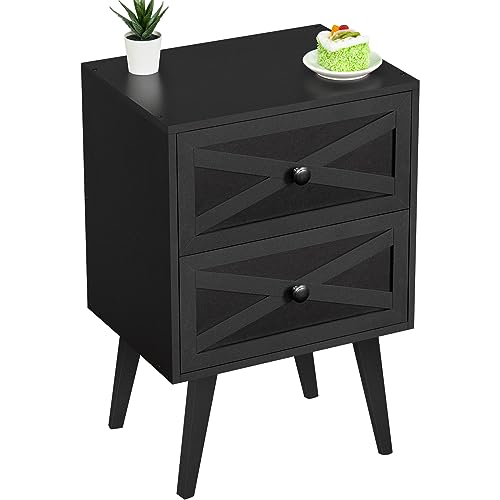 Lerliuo Black Nightstand, Bed Side Table with 2 Drawers Barn Door, Solid Wooden Legs Night Stand, Mid Century Modern End Table Storage Wood Cabinet Dresser for Bedroom, Living Room, Dorm