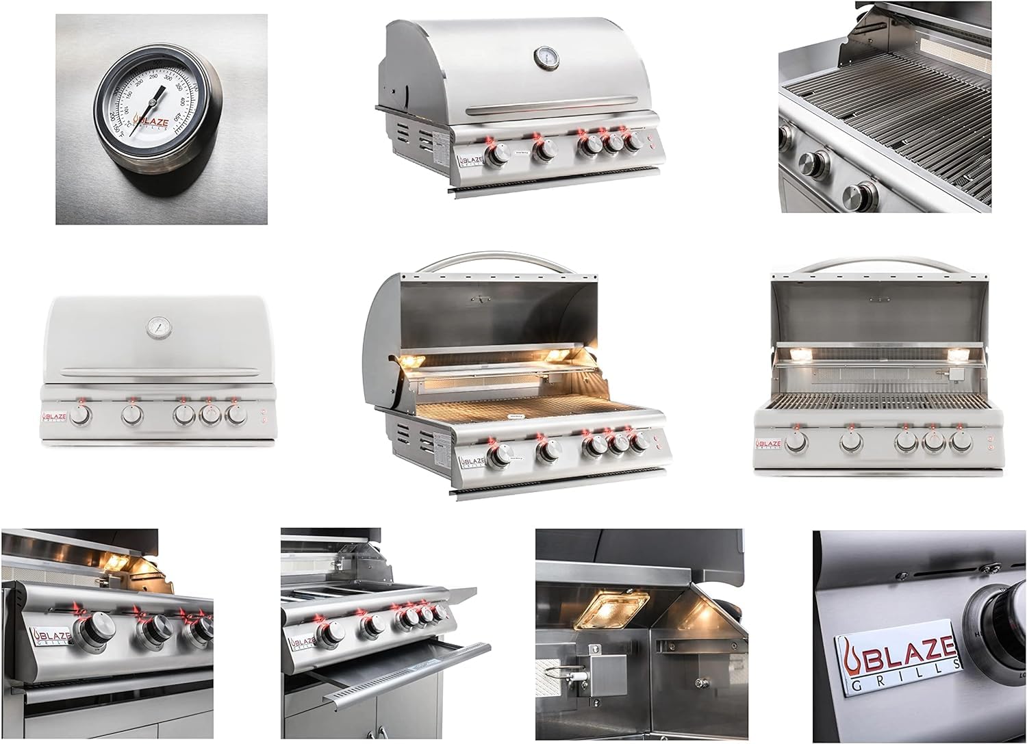 BLAZE BBQ Outdoor Package of 32” LTE Built-in Gas Grill, Dop-In Single Side Burner, 32” Door & Two Drawers Combo, 20” Compact Refrigerator and Accessories (Grill Cover, Fridge Trim and Rotisserie Kit)