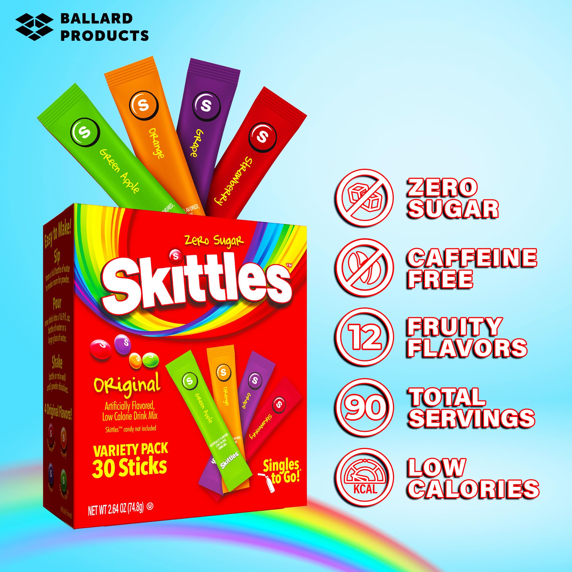 Skittles Drink Mix Bulk Pack of 3 Boxes - Original, Tropical, and Wild Berry - 90 Count of Skittles Water Flavor Packets - Sugar Free Drink Mix Bundle with Ballard Products Moist Towelette