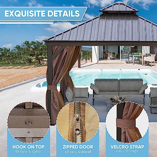 12' x 12' Hardtop Gazebo, Double Roof Permanent Patio Metal Gazebo Canopy with Netting and Shade Curtains, Drainage Ditch Design, Aluminum Pergola for Patio Backyard Deck and Lawns