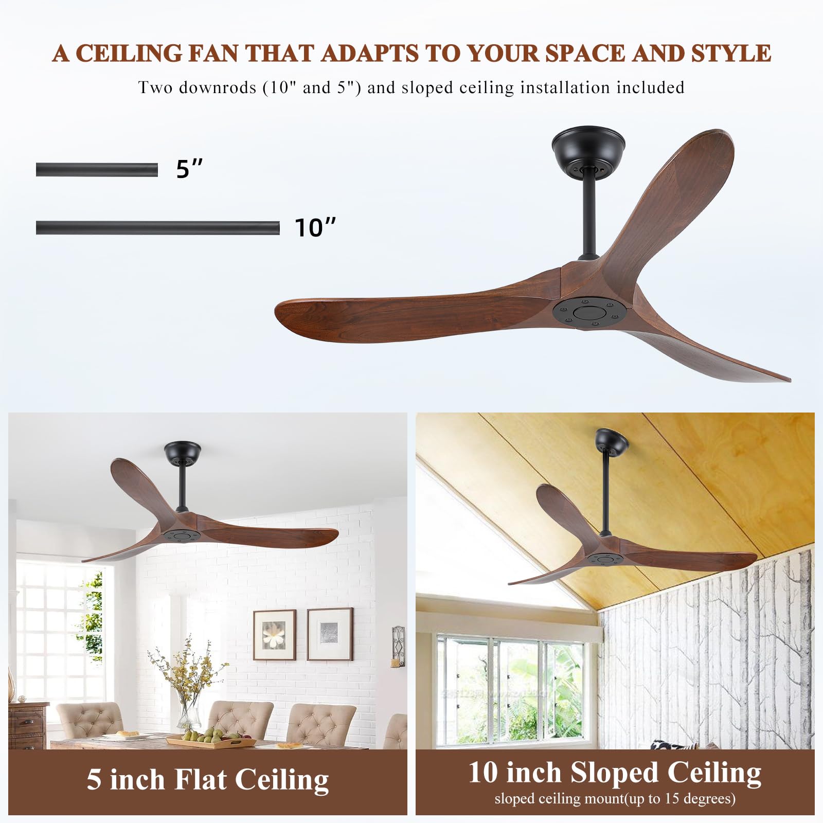 DefinElegant Walnut Wood 52" Ceiling Fan, 6-Speed, Reversible 3 Blades, Timed Shutdown, Silent DC Motor, for Bedroom, Porch