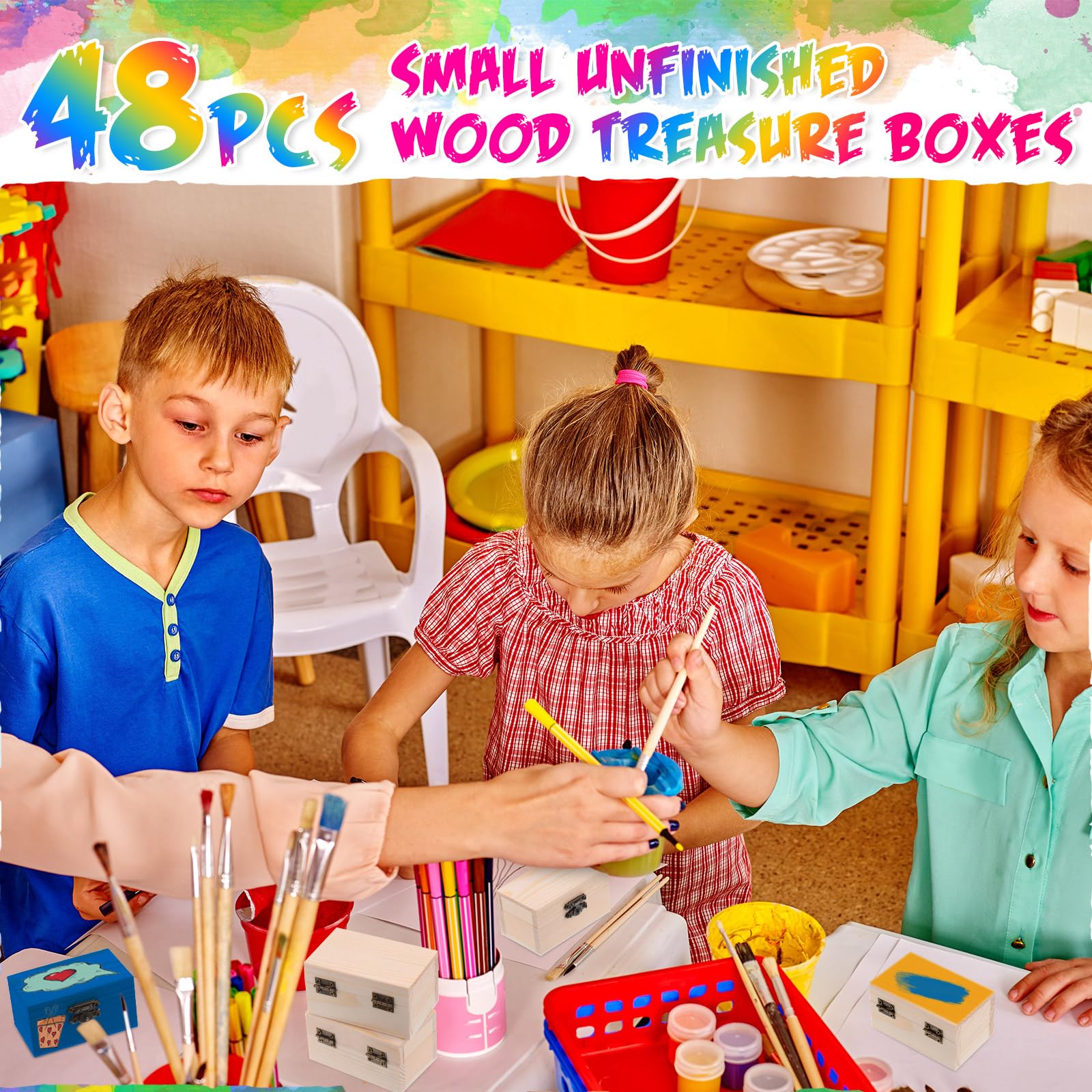 Thyle 48 Pcs Unfinished Small Wooden Box 3.54 x 1.97 x 2.17 Inch Mini Treasure Boxes Stash Wooden Box with Hinged Lid Locking Clasp for DIY Crafts Party Projects