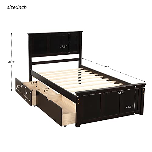 FIQHOME Twin Bed with Drawers,Platform Storage Bed, 2 Drawers with Wheels,Wood Bed Frame with Headboard and Footboard,Twin Size Frame, Espresso