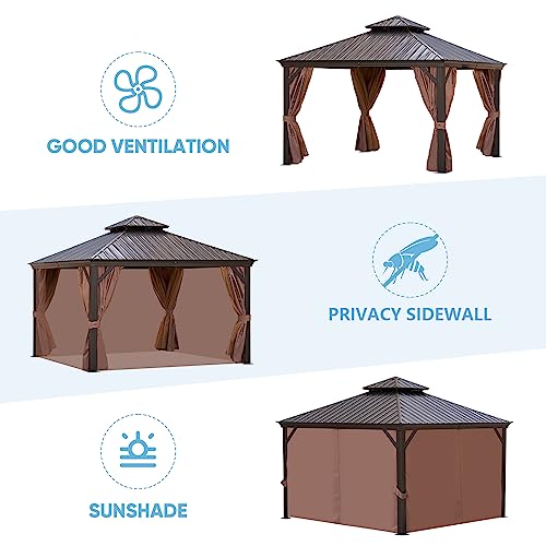 12' x 12' Hardtop Gazebo, Double Roof Permanent Patio Metal Gazebo Canopy with Netting and Shade Curtains, Drainage Ditch Design, Aluminum Pergola for Patio Backyard Deck and Lawns