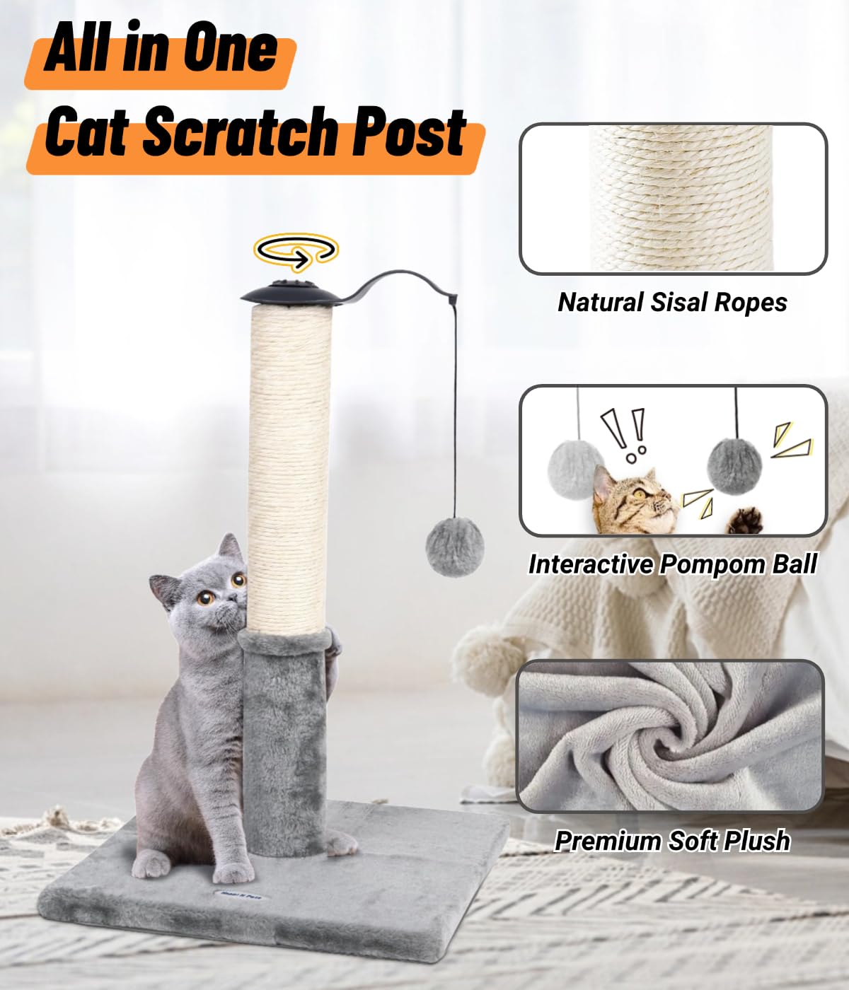 Happi N Pets 22" Cat Scratching Posts for Indoor Cats, Carpet Cat Scratch Post, Sisal Cat Scratcher, Cat Post with Rotatable Hanging Balls & Stable Base, Cat Scratchers for Kittens-Light Gray