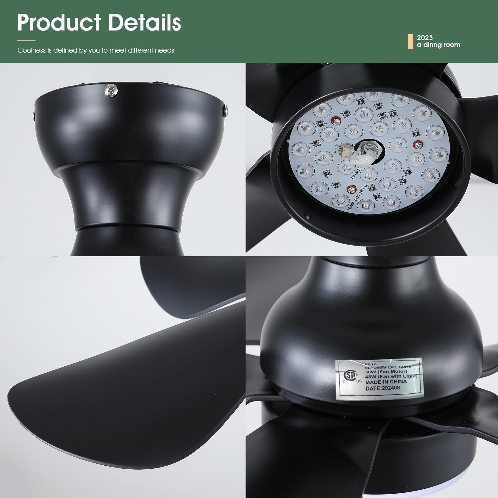 Kviflon Ceiling Fans with Lights and Remote/APP Control, 30 inch Low Profile Ceiling Fans with 5 Reversible Blades 3 Colors Dimmable 6 Speeds Ceiling Fan for Bedroom Kids Room Dining Room, Black