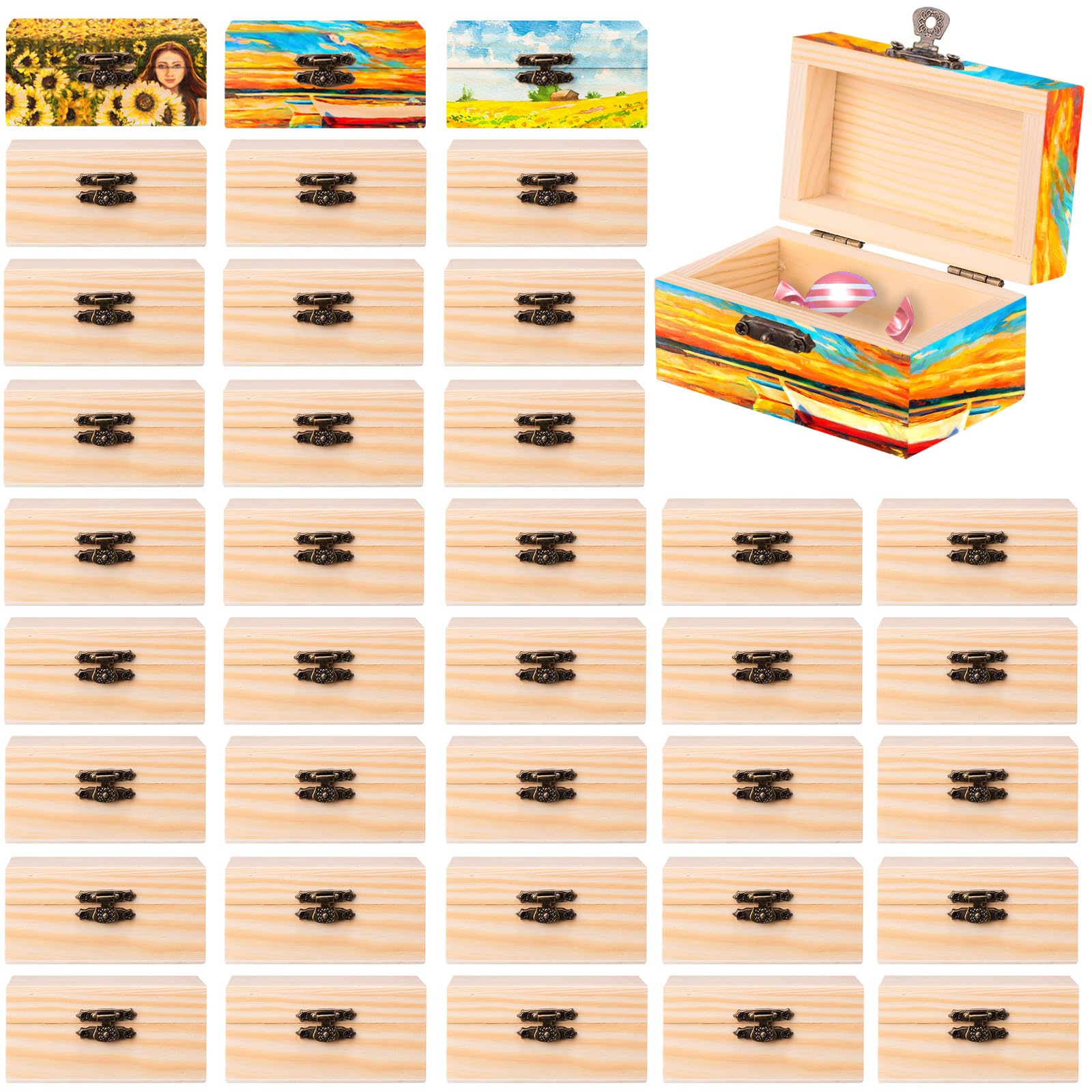 Thyle 48 Pcs Unfinished Small Wooden Box 3.54 x 1.97 x 2.17 Inch Mini Treasure Boxes Stash Wooden Box with Hinged Lid Locking Clasp for DIY Crafts Party Projects