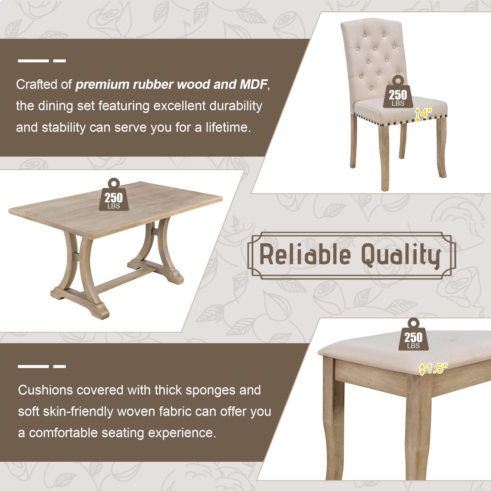 Merax Dining Table Set, 6-Piece Farmhouse Dining Room Set, Rectangular Trestle Table and 4 Upholstered Chairs & Bench for Dining Room, Natural Wood Wash