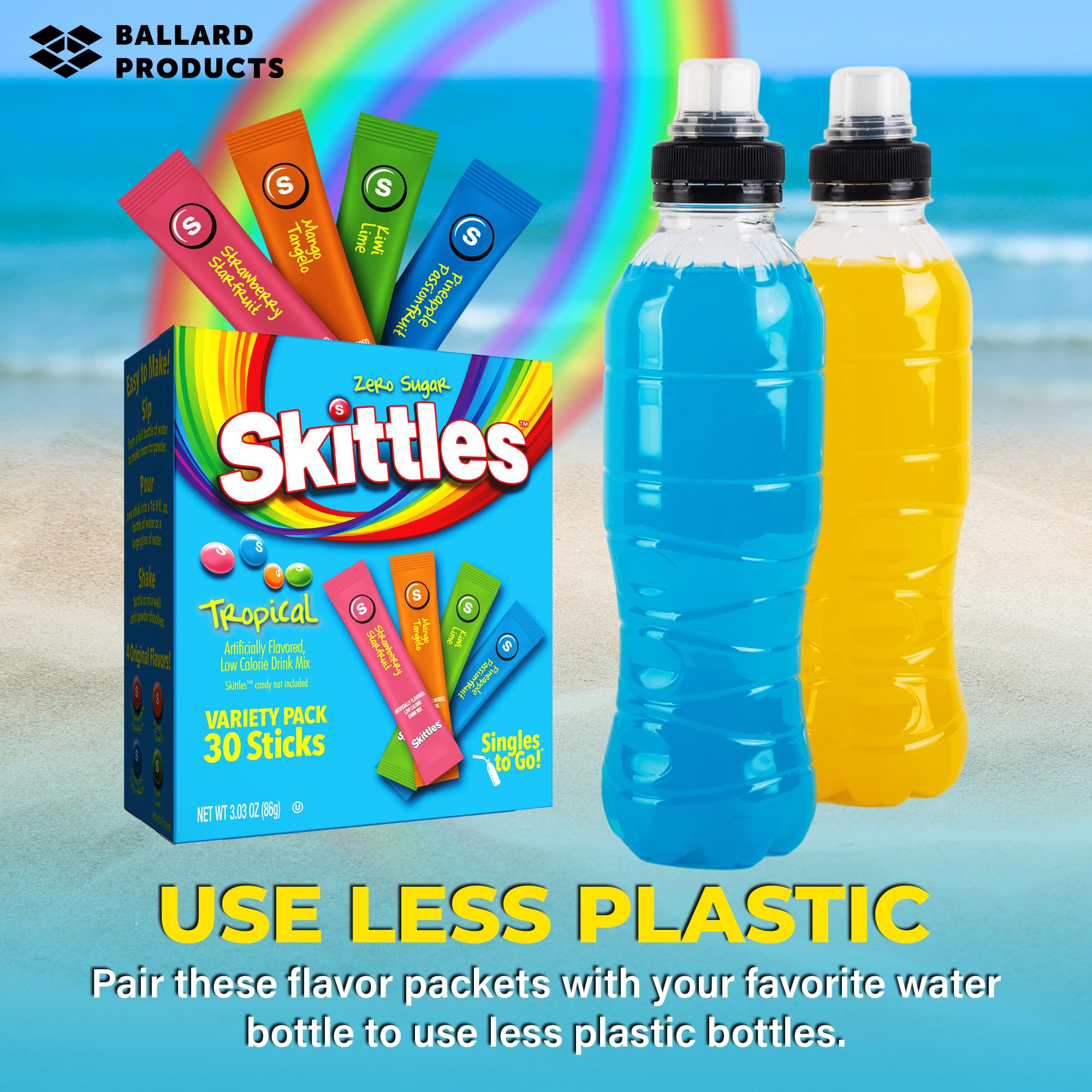 Skittles Drink Mix Bulk Pack of 3 Boxes - Original, Tropical, and Wild Berry - 90 Count of Skittles Water Flavor Packets - Sugar Free Drink Mix Bundle with Ballard Products Moist Towelette