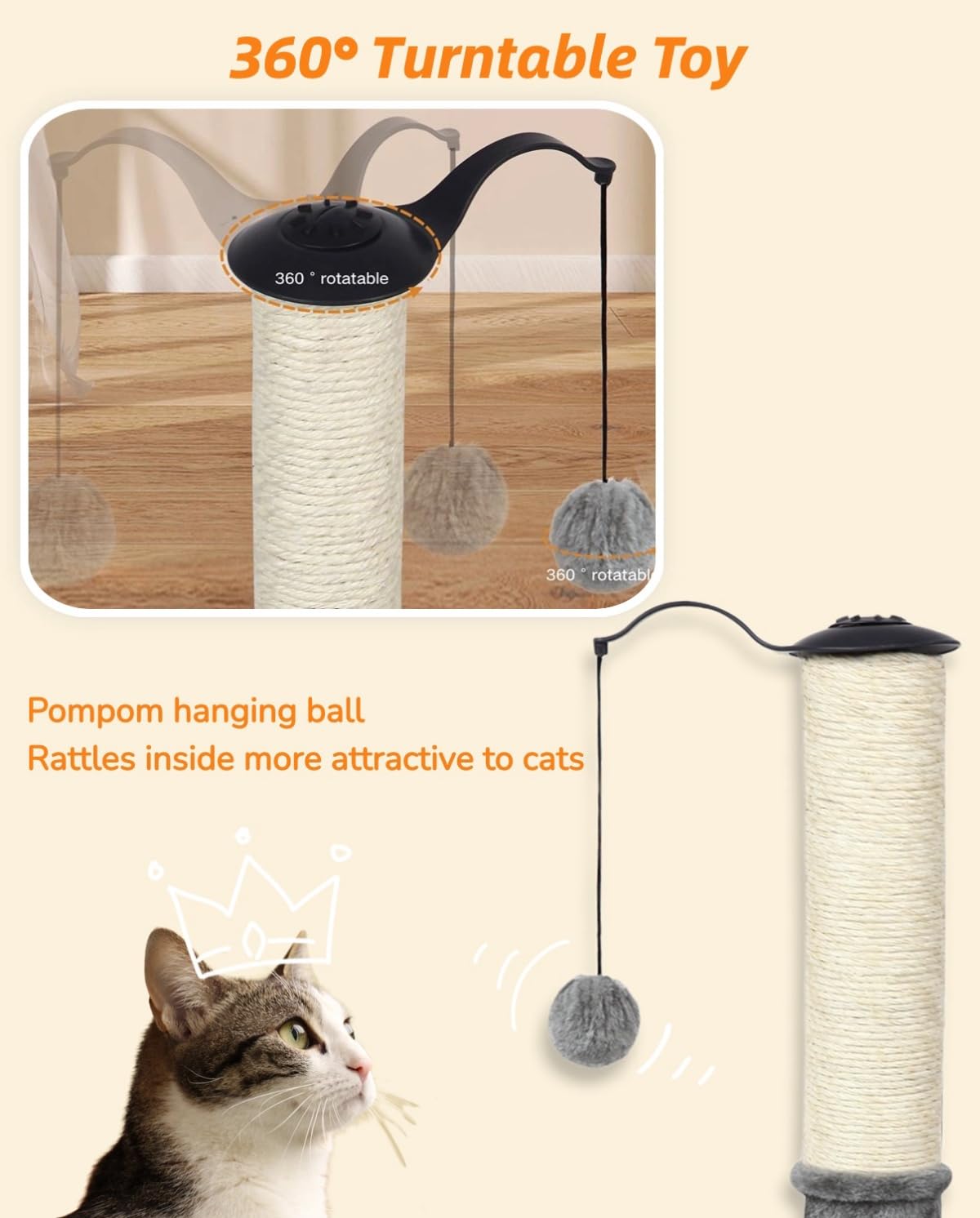 Happi N Pets 22" Cat Scratching Posts for Indoor Cats, Carpet Cat Scratch Post, Sisal Cat Scratcher, Cat Post with Rotatable Hanging Balls & Stable Base, Cat Scratchers for Kittens-Light Gray