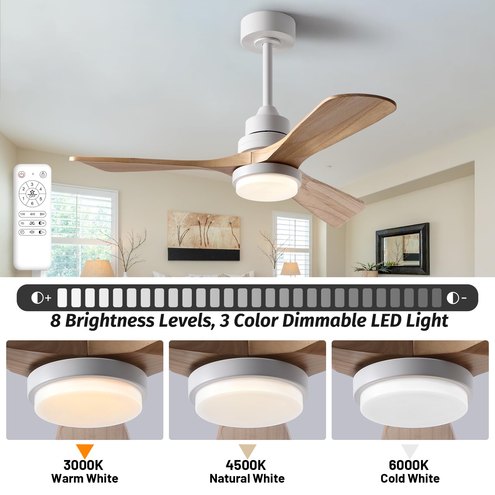 FXZZ 42" Wood Ceiling Fans with Lights and Remote, Quiet Reversible DC Motor and 3 Color LED Light, 3 Blades 6 Speed Ceiling Fan for Farmhouse Living Room Bedroom Dining Room Workroom Study