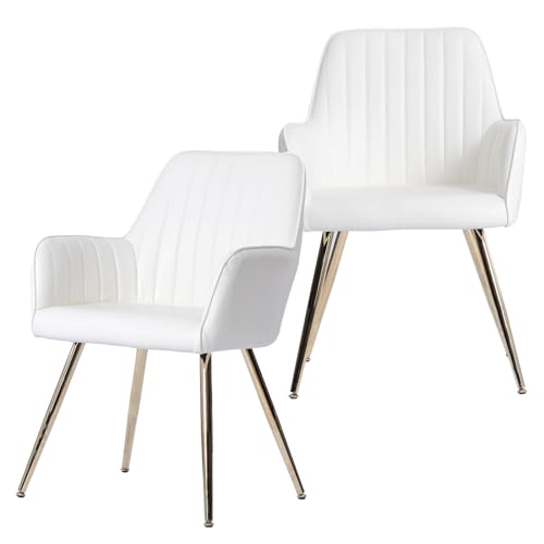 Purgreen Faux Leather Dining Chair Set of 2 - Modern Mid-Back Accent Chair with Gold Plating Legs - Upholstered Living Room Chair (Leather Beige, Set of 2)