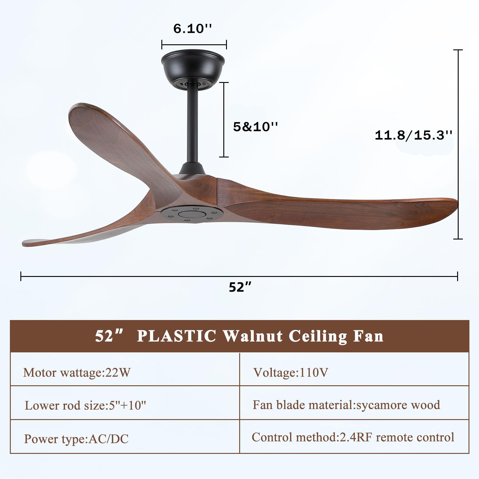 DefinElegant Walnut Wood 52" Ceiling Fan, 6-Speed, Reversible 3 Blades, Timed Shutdown, Silent DC Motor, for Bedroom, Porch