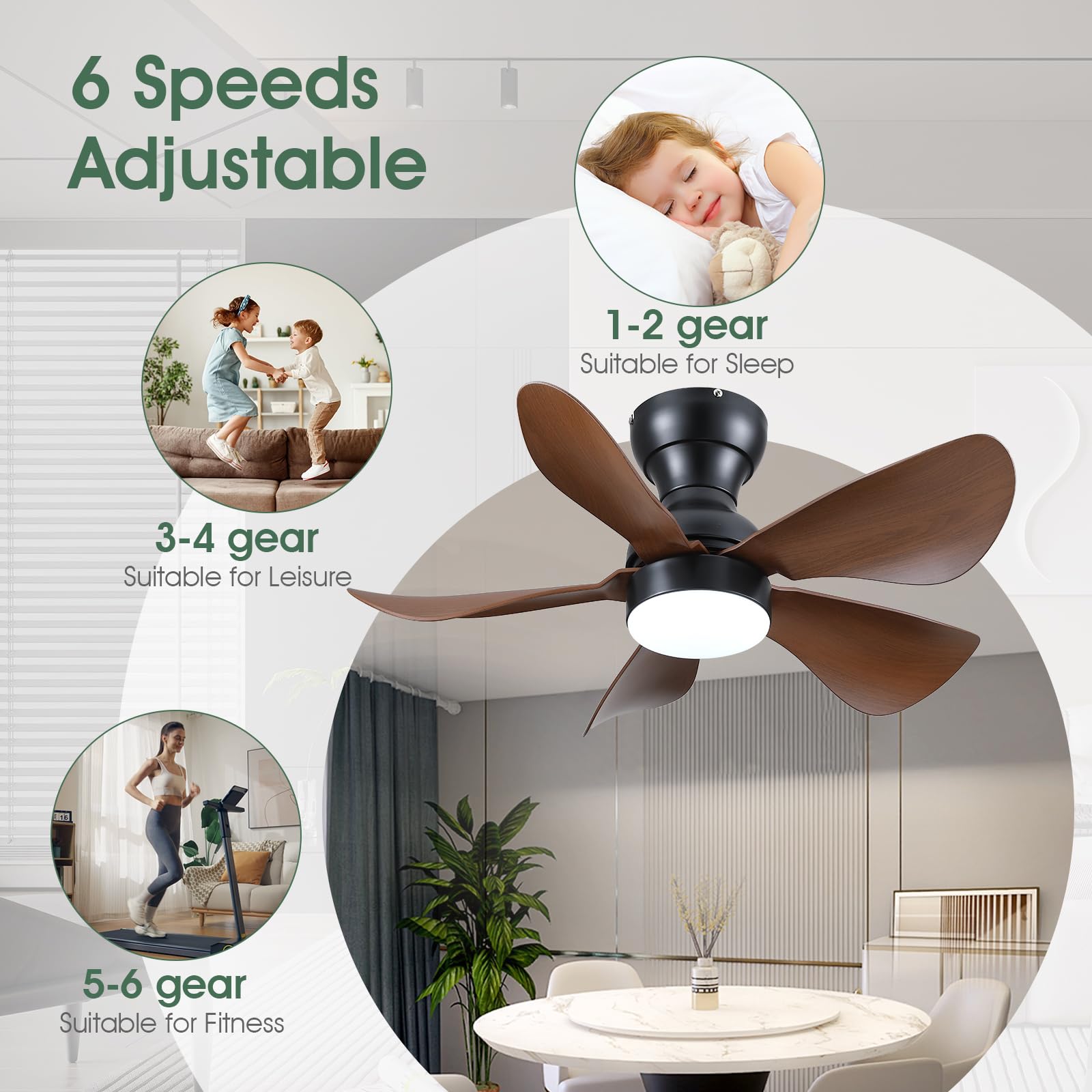 Kviflon Ceiling Fans with Lights and Remote/APP Control, 30 inch Low Profile Ceiling Fans with 5 Reversible Blades 3 Colors Dimmable 6 Speeds Ceiling Fan for Bedroom Dining Room, Wood Color