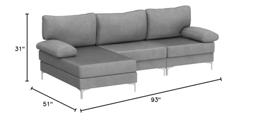 Divano Roma Furniture Modern Velvet L-Shape Sectional Sofa, with Extra Wide Chaise Lounge Couch, Grey
