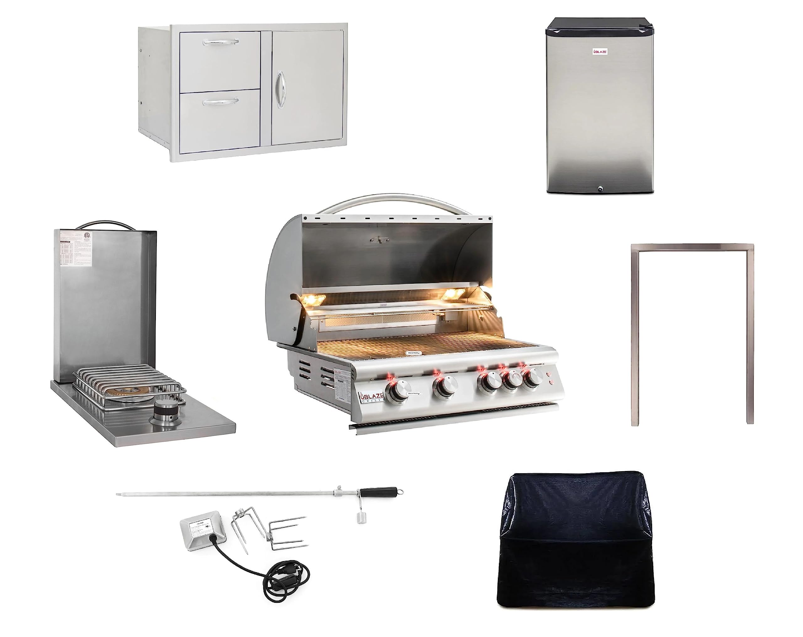 BLAZE BBQ Outdoor Package of 32” LTE Built-in Gas Grill, Dop-In Single Side Burner, 32” Door & Two Drawers Combo, 20” Compact Refrigerator and Accessories (Grill Cover, Fridge Trim and Rotisserie Kit)