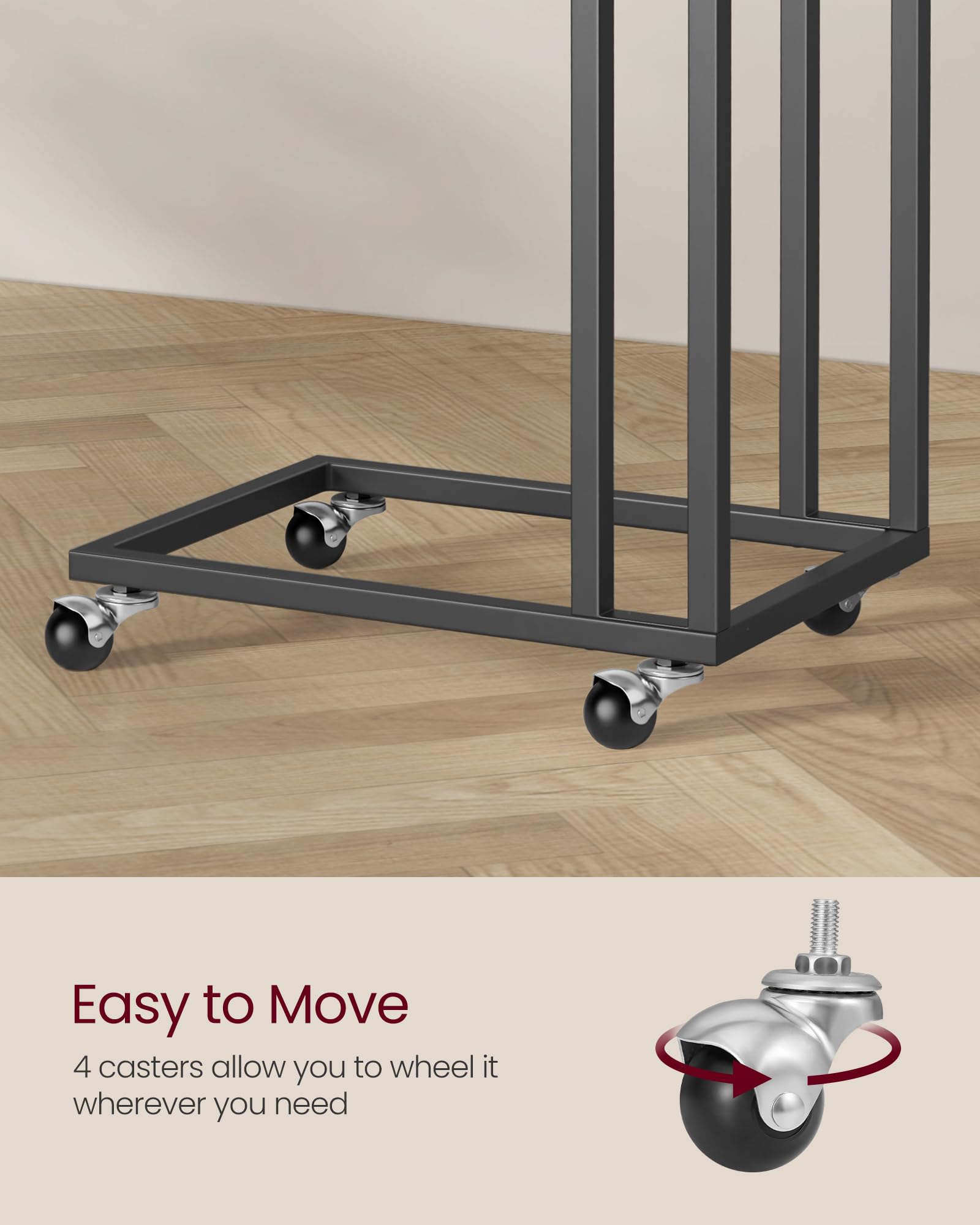VASAGLE End Table, C Shaped TV Tray with Metal Frame Rolling Casters for Coffee Laptop Mobile Tablet, Industrial Side Table for Living Room Bedroom, 19.7 x 13.8 x 23.6 Inches, Ebony Black, ULNT050B56