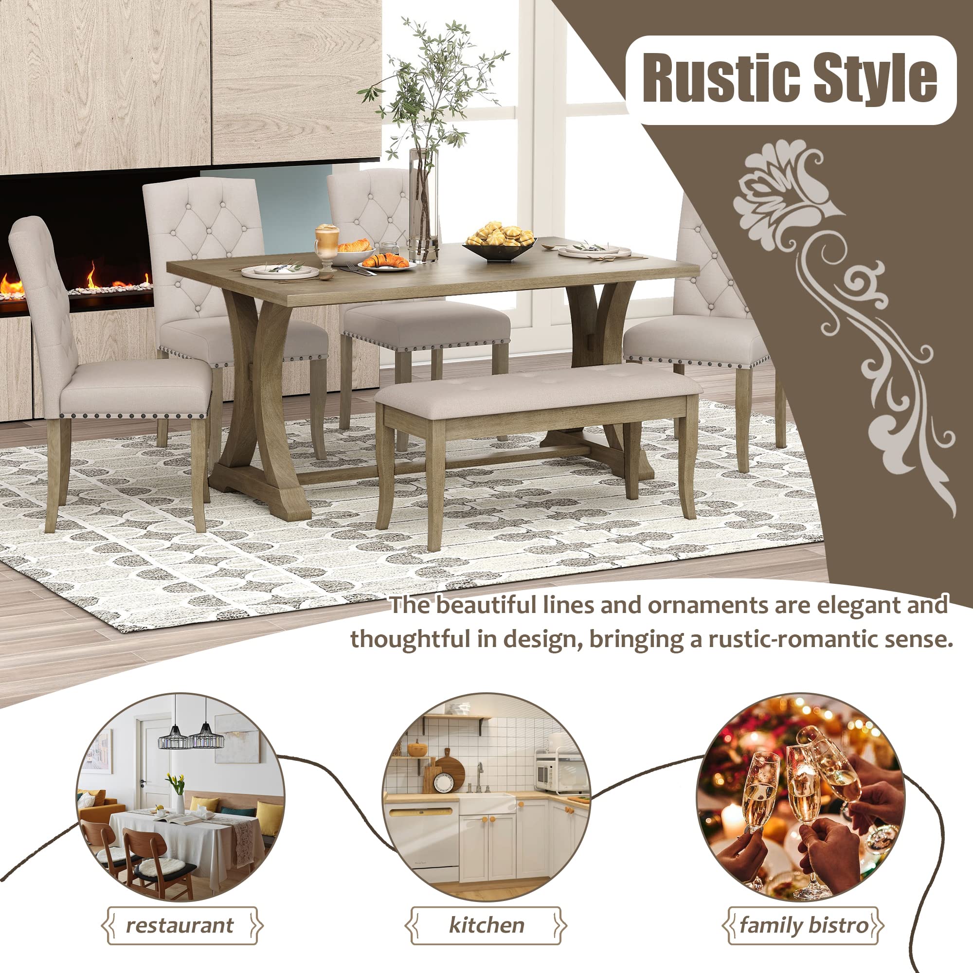 Merax Dining Table Set, 6-Piece Farmhouse Dining Room Set, Rectangular Trestle Table and 4 Upholstered Chairs & Bench for Dining Room, Natural Wood Wash