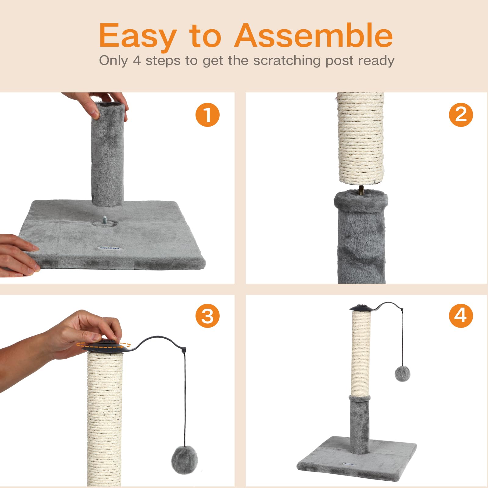 Happi N Pets 22" Cat Scratching Posts for Indoor Cats, Carpet Cat Scratch Post, Sisal Cat Scratcher, Cat Post with Rotatable Hanging Balls & Stable Base, Cat Scratchers for Kittens-Light Gray
