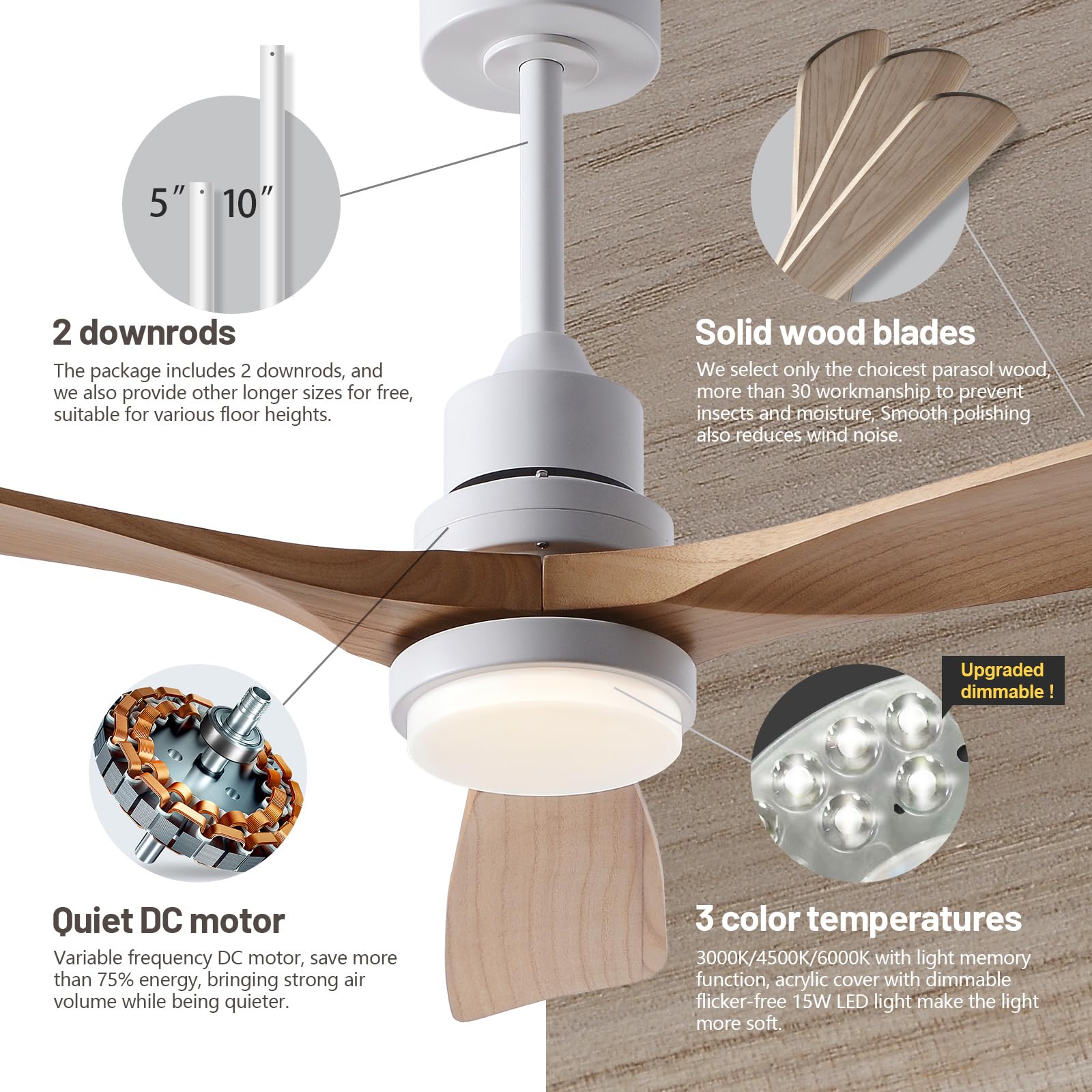 FXZZ 42" Wood Ceiling Fans with Lights and Remote, Quiet Reversible DC Motor and 3 Color LED Light, 3 Blades 6 Speed Ceiling Fan for Farmhouse Living Room Bedroom Dining Room Workroom Study