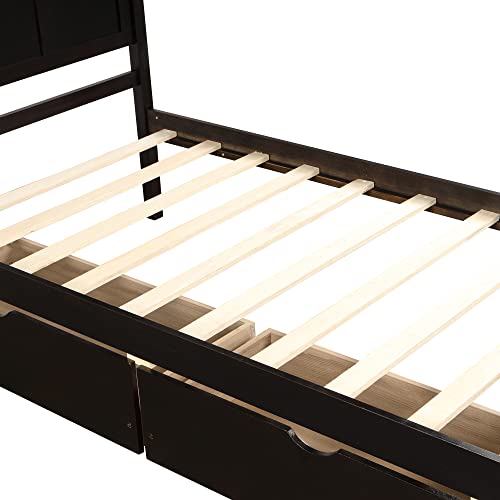 FIQHOME Twin Bed with Drawers,Platform Storage Bed, 2 Drawers with Wheels,Wood Bed Frame with Headboard and Footboard,Twin Size Frame, Espresso
