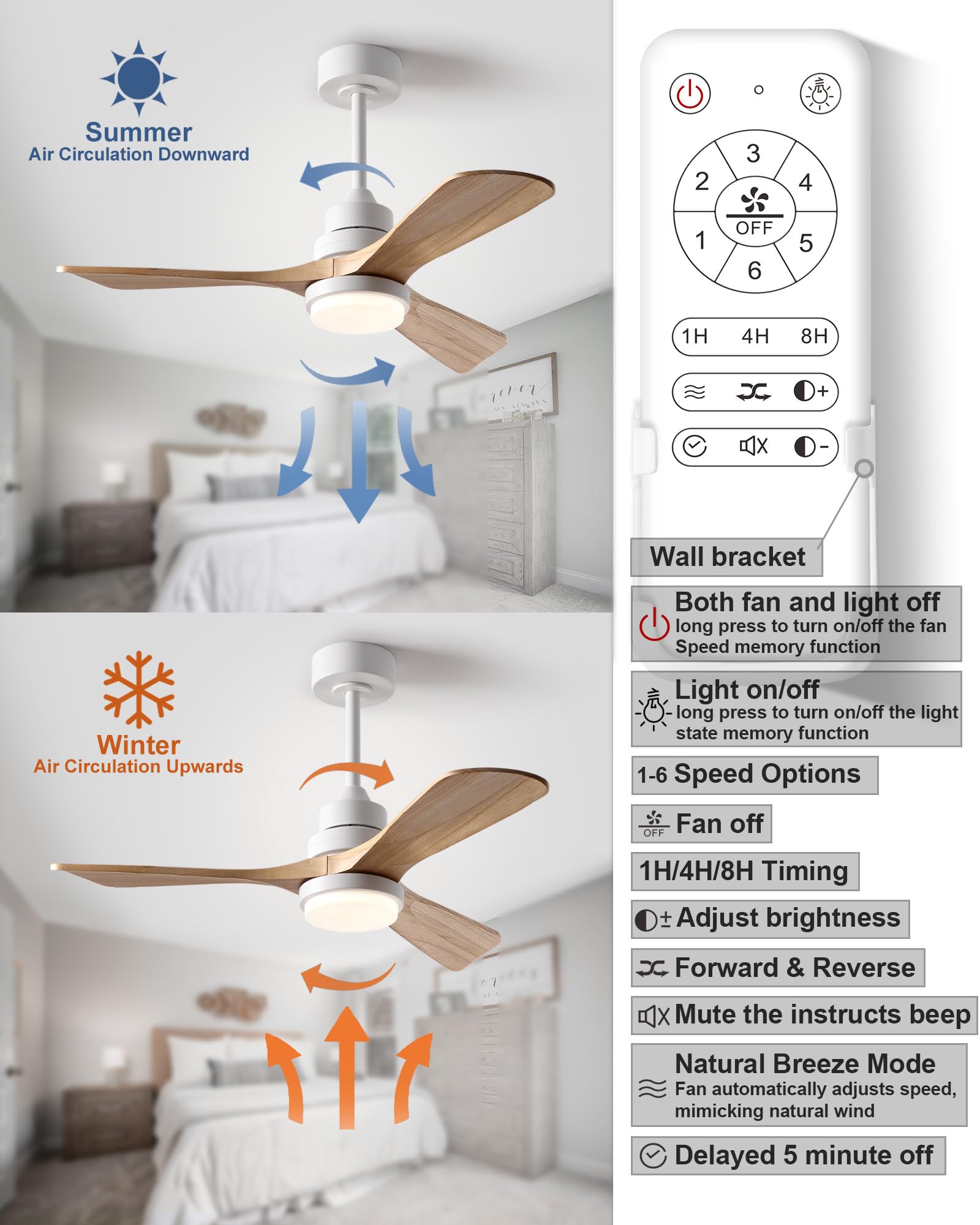 FXZZ 42" Wood Ceiling Fans with Lights and Remote, Quiet Reversible DC Motor and 3 Color LED Light, 3 Blades 6 Speed Ceiling Fan for Farmhouse Living Room Bedroom Dining Room Workroom Study