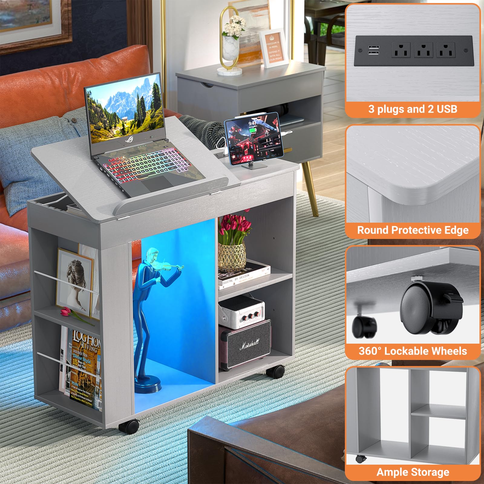 Cyclysio Adjustable End Table, Mobile Side Table with Power Outlets, 3-Tier Laptop Table with Adjustable Top Board, Storage Bedside Table with LED Lights, Rolling End Table, Livingroom, Bedroom, Grey
