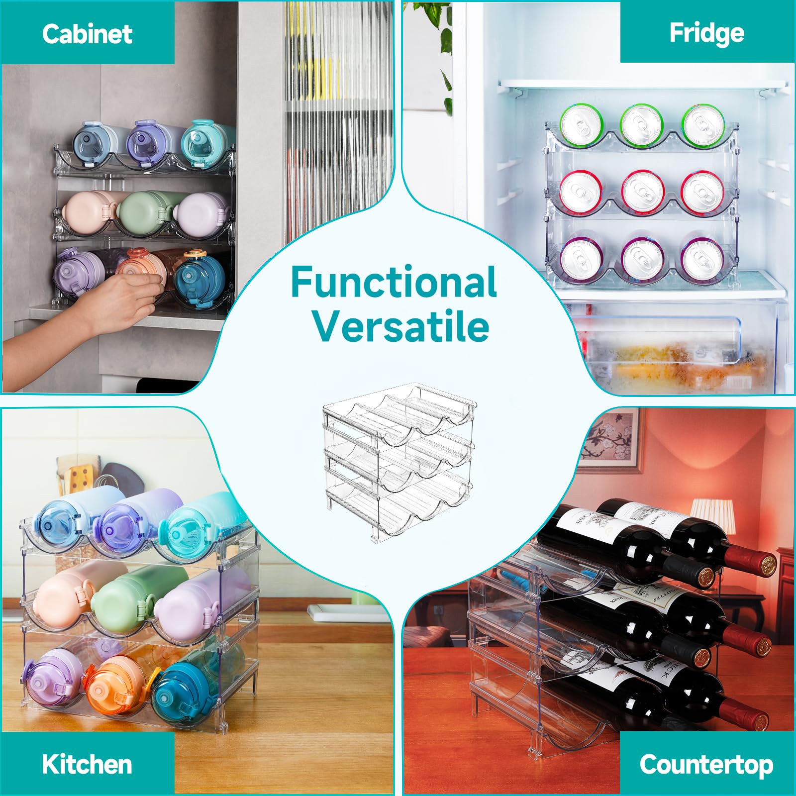 Sbosbo Water Bottle Organizer, Stackable Bottle Storage Rack, 3 Pack Water Bottle Holder for Kitchen Fridge Cabinet Organization and Storage, Plastic Wine Rack/Drink Bottle Holder, Clear