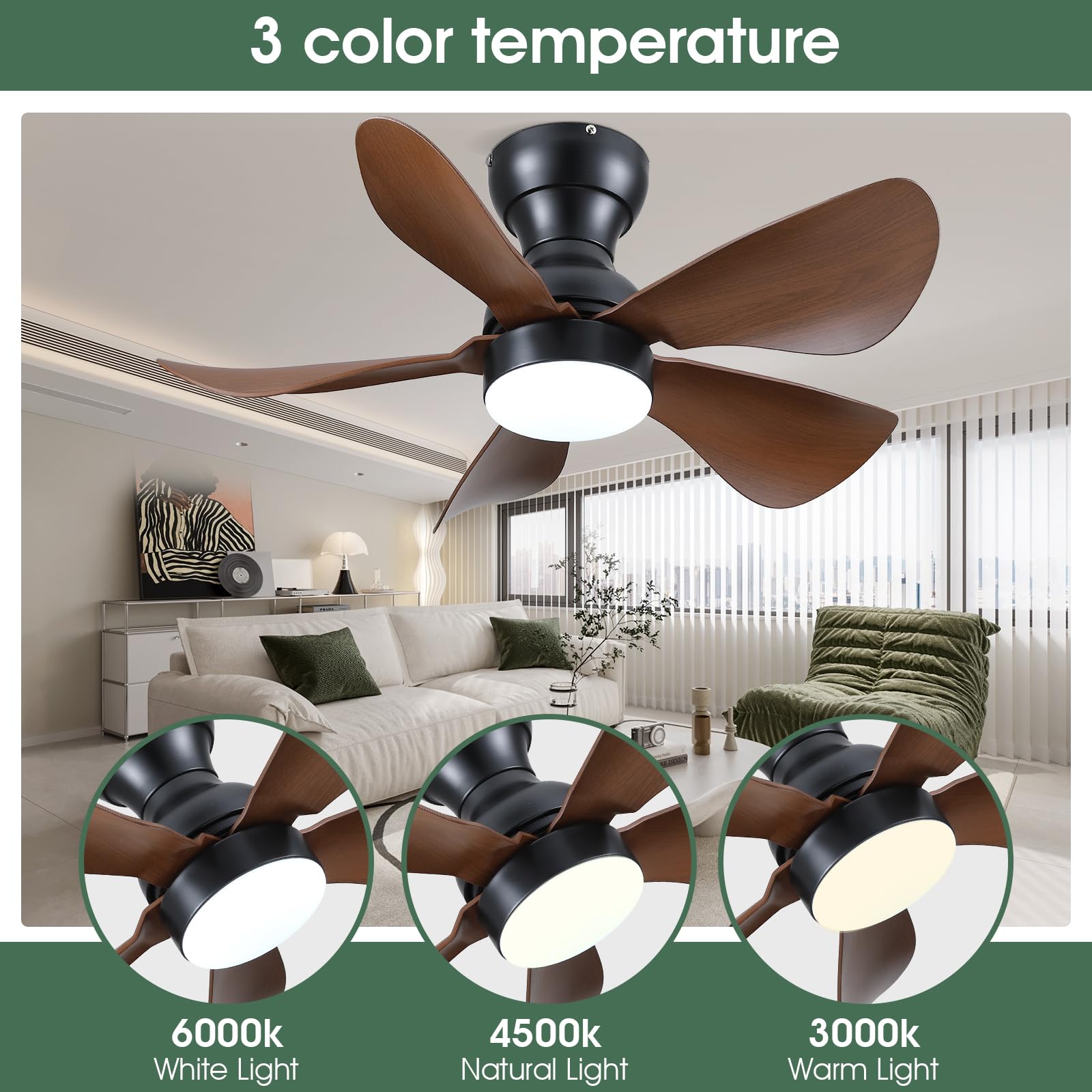 Kviflon Ceiling Fans with Lights and Remote/APP Control, 30 inch Low Profile Ceiling Fans with 5 Reversible Blades 3 Colors Dimmable 6 Speeds Ceiling Fan for Bedroom Dining Room, Wood Color