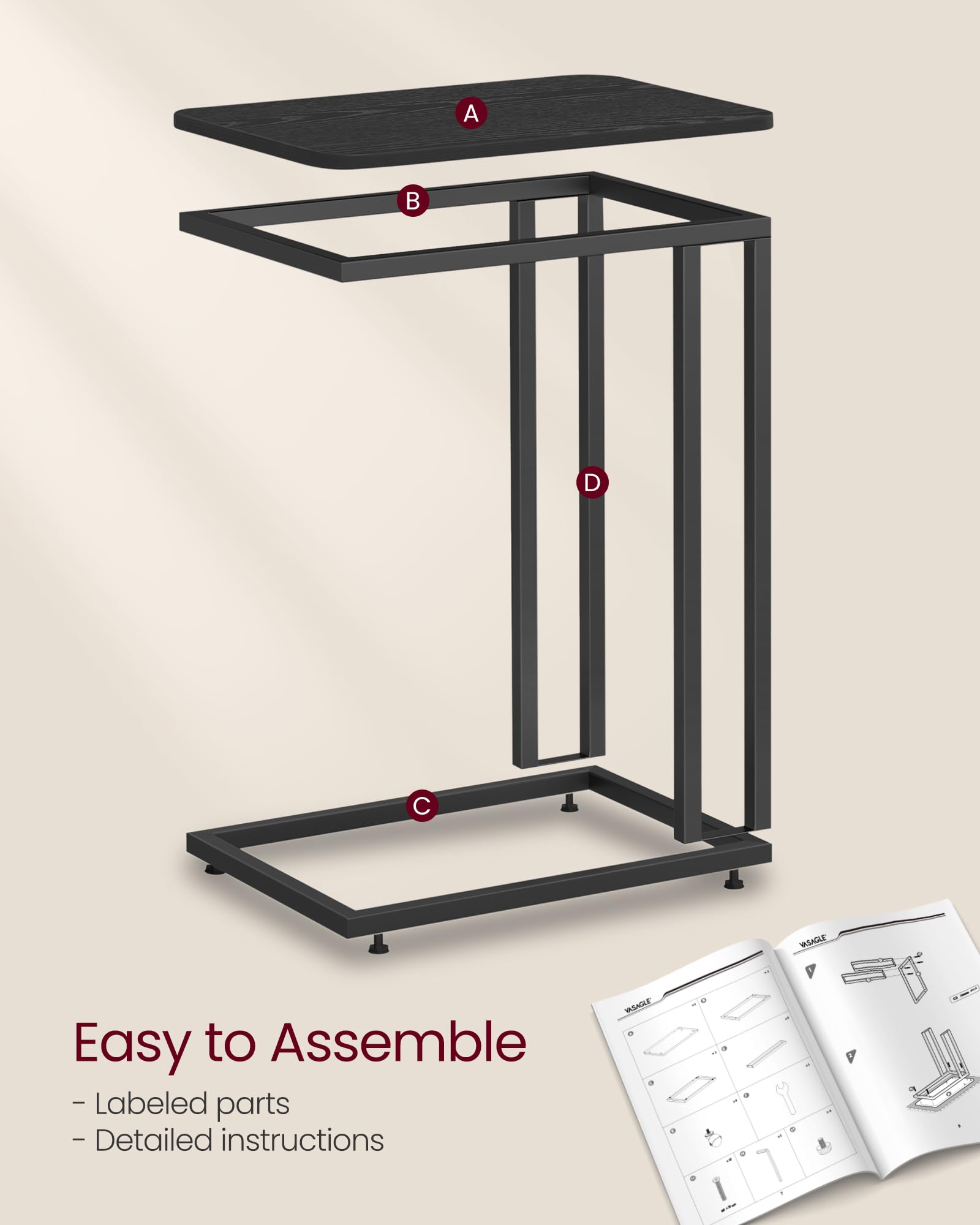 VASAGLE End Table, C Shaped TV Tray with Metal Frame Rolling Casters for Coffee Laptop Mobile Tablet, Industrial Side Table for Living Room Bedroom, 19.7 x 13.8 x 23.6 Inches, Ebony Black, ULNT050B56