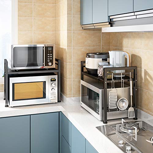 TAGLINES Expandable Metal Microwave Oven Rack Shelf Kitchen Supplies Tableware Storage Carbon Stainless Steel Counter Rice Cooker Stand Contains 2 Tiers with 3 Hooks Black