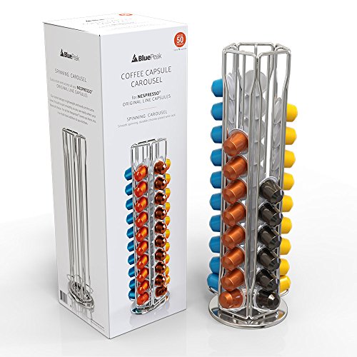 BluePeak Nespresso Carousel - Holds 50 Capsules, OriginalLine Pod Storage - Nifty Nespresso Pods Holder - Coffee Pod Dispenser Organizer Rack Stand, 360-Degree Rotation, Elegant, Modern Chrome Finish