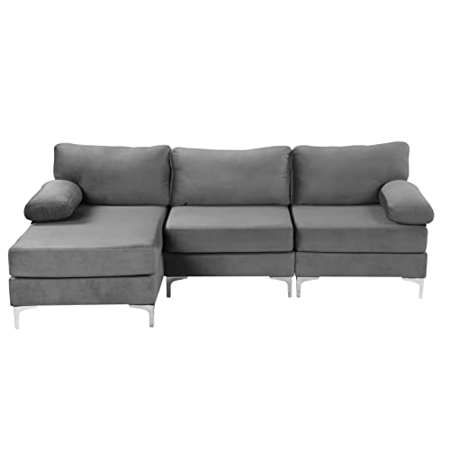 Divano Roma Furniture Modern Velvet L-Shape Sectional Sofa, with Extra Wide Chaise Lounge Couch, Grey
