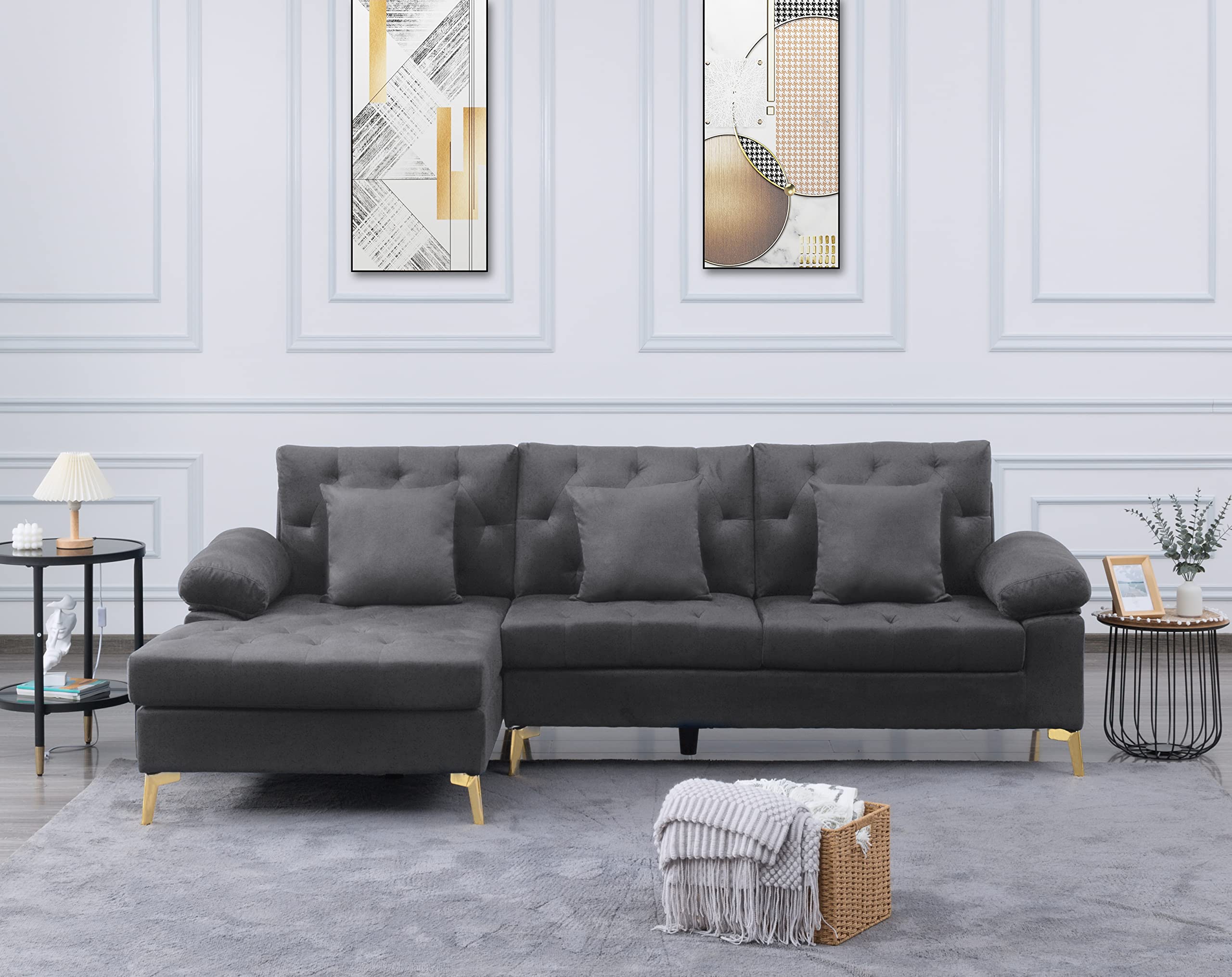 KoiHome Sectional Sofa 96.5" Left Hand Facing Velvet Button Tufted, 3-Seater Sleeper Couch with 3, Pillow top Arms, Modern L-Shape Chaise for Living, Bedroom,Waiting Room, Dark Grey