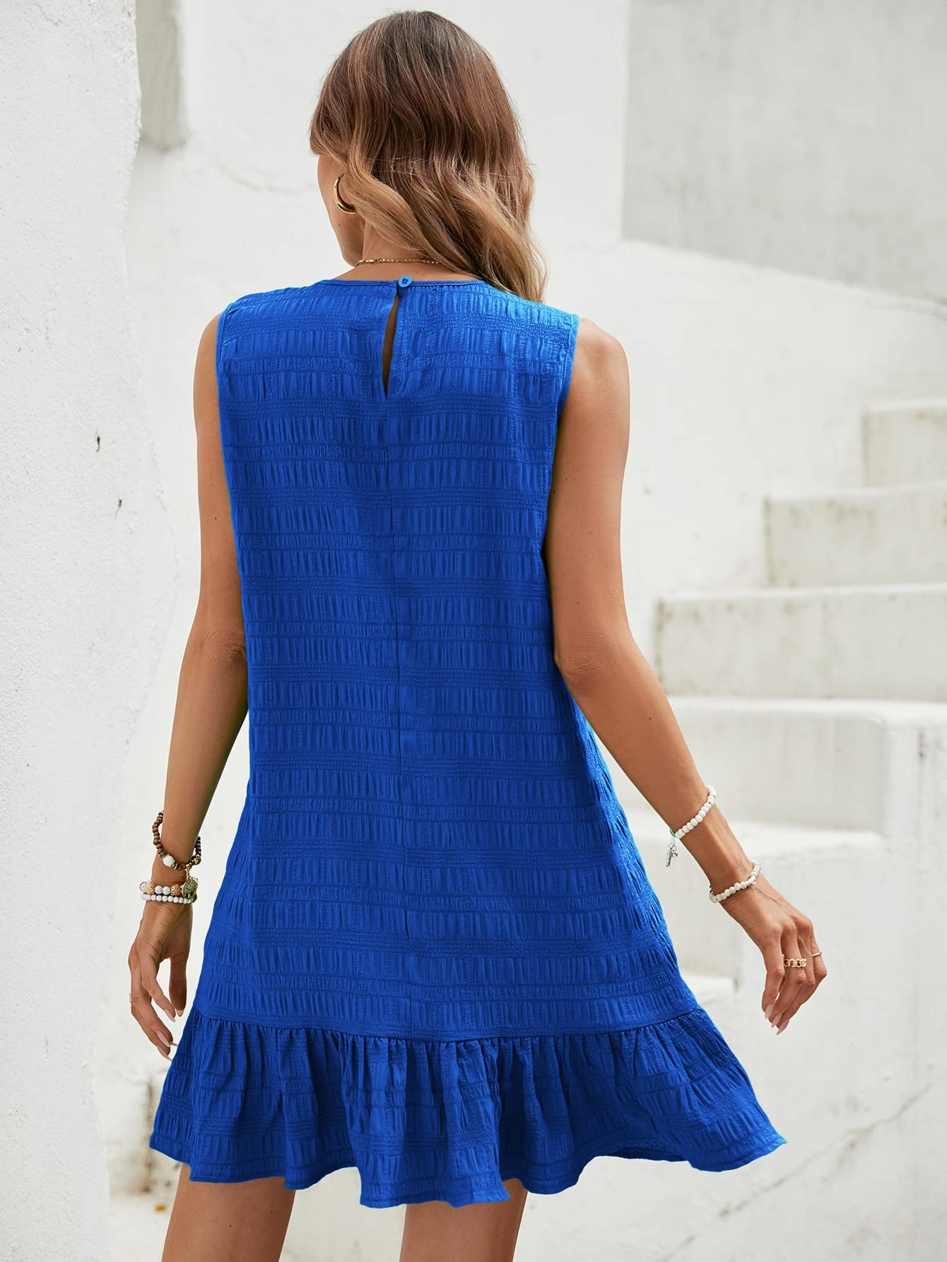 SOLY HUX Women's Ruffle Hem Sleeveless Tank Dress Round Neck Casual Smock Summer Mini Dresses