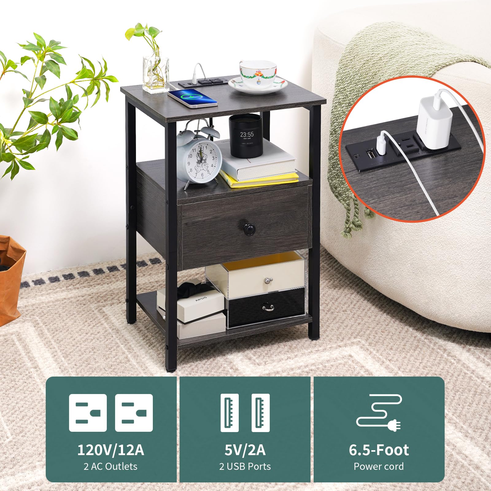 Yoobure Nightstands Set of 2, Night Stand with Charging Station Night Stand with USB Ports, Night Stands with Wood Drawer and Storage Shelf Bedside Table for Bedroom Small Spaces Grey