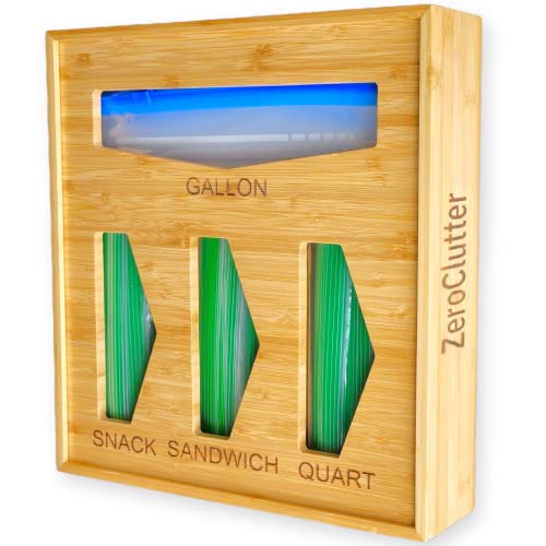 ZeroClutter Ziplock Bag Organizer for Kitchen Drawer: Fits Snack, Sandwich, Quart, Slider Quart, and Gallon Ziplock Bags; Bamboo Drawer Organizer for Kitchen Organization