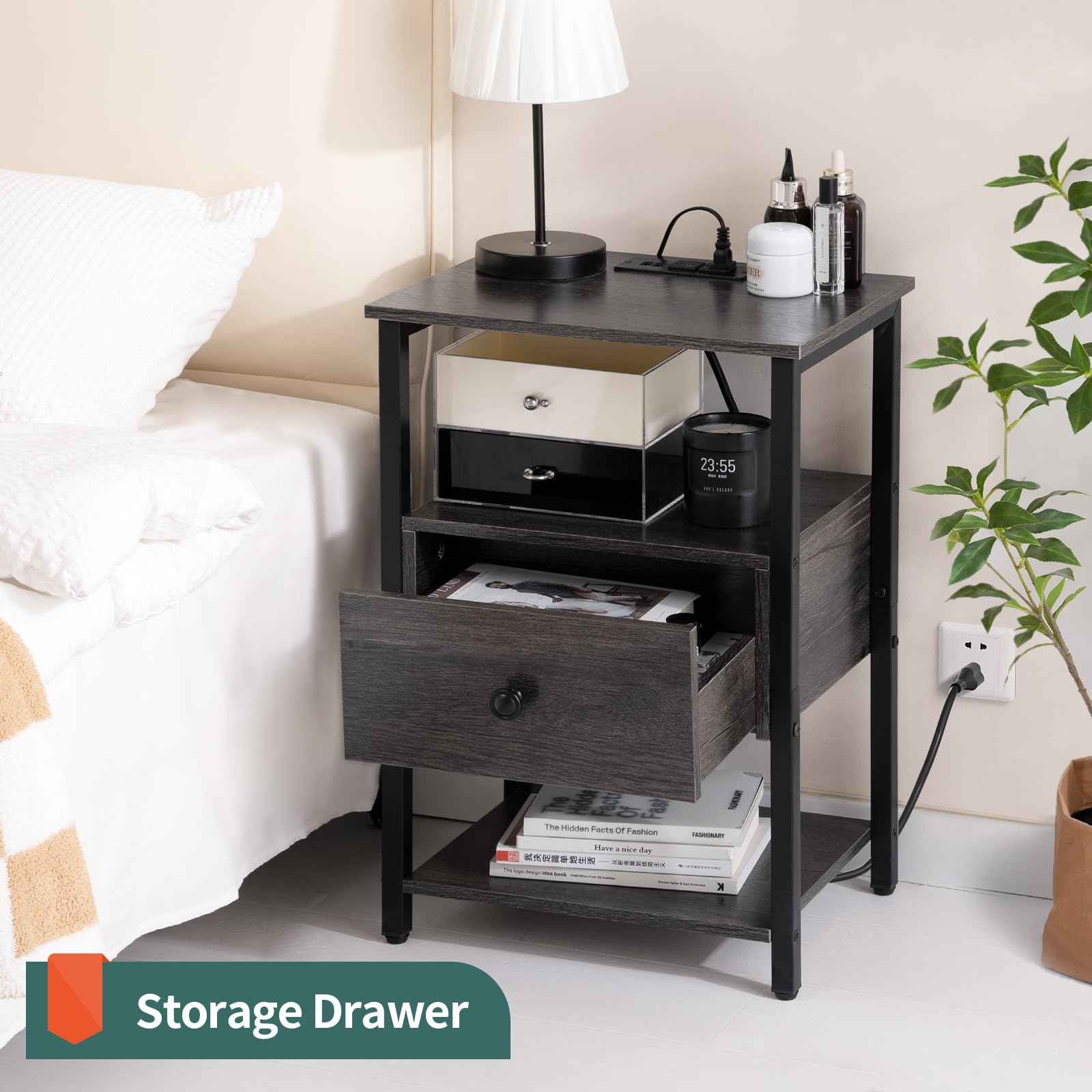 Yoobure Nightstands Set of 2, Night Stand with Charging Station Night Stand with USB Ports, Night Stands with Wood Drawer and Storage Shelf Bedside Table for Bedroom Small Spaces Grey