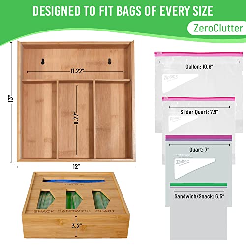 ZeroClutter Ziplock Bag Organizer for Kitchen Drawer: Fits Snack, Sandwich, Quart, Slider Quart, and Gallon Ziplock Bags; Bamboo Drawer Organizer for Kitchen Organization