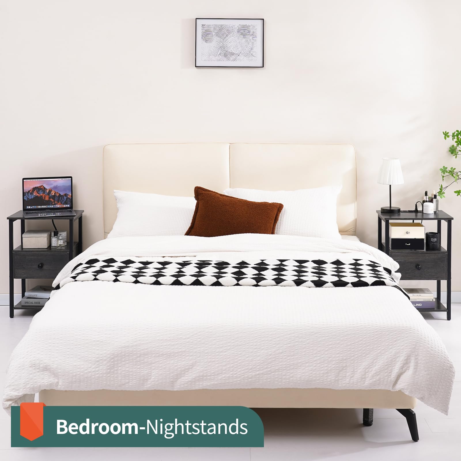 Yoobure Nightstands Set of 2, Night Stand with Charging Station Night Stand with USB Ports, Night Stands with Wood Drawer and Storage Shelf Bedside Table for Bedroom Small Spaces Grey