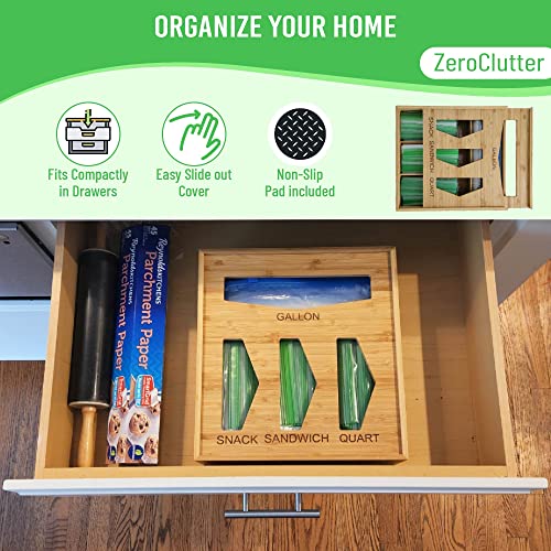 ZeroClutter Ziplock Bag Organizer for Kitchen Drawer: Fits Snack, Sandwich, Quart, Slider Quart, and Gallon Ziplock Bags; Bamboo Drawer Organizer for Kitchen Organization