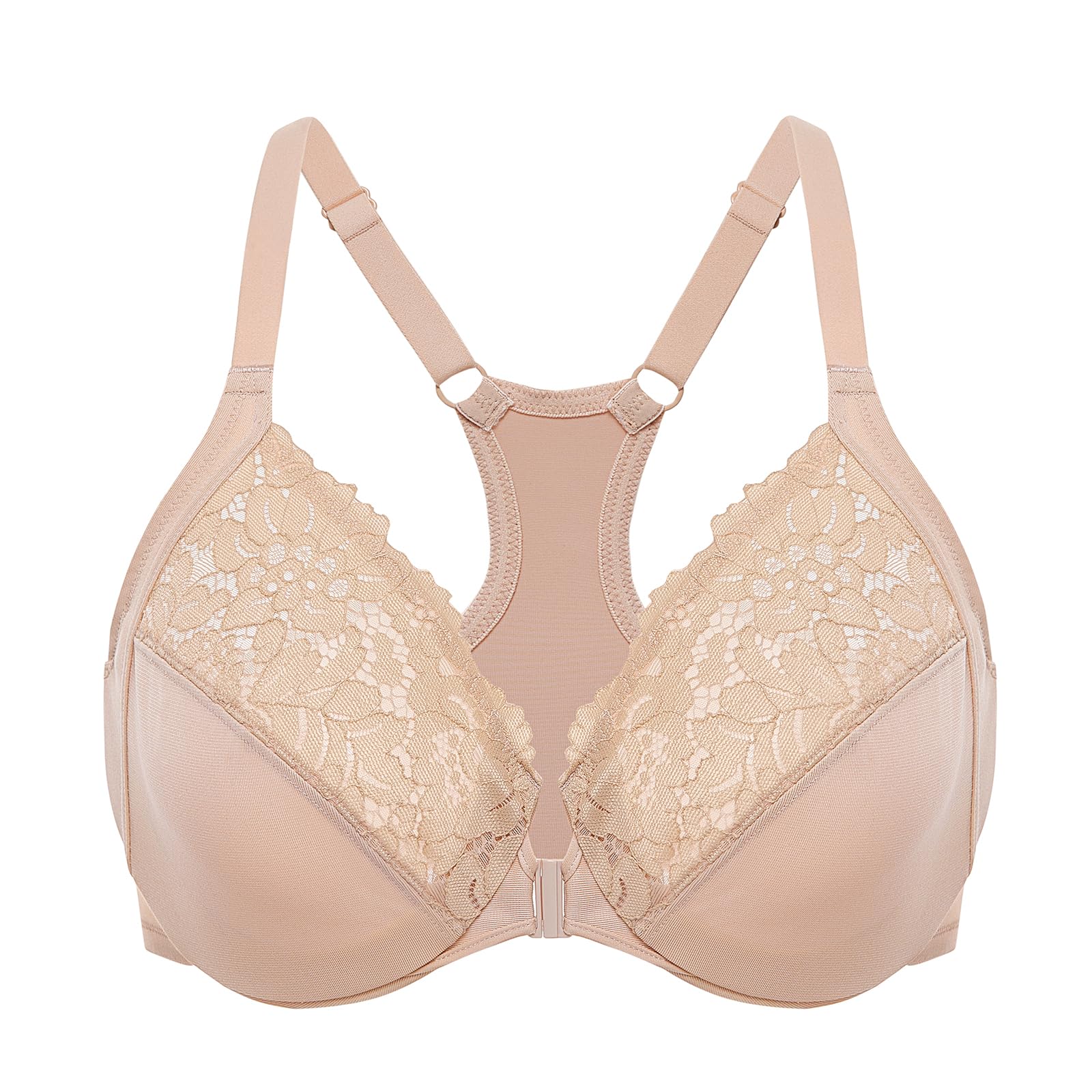 DELIMIRA Women's Racerback Front Closure Bras Lace Plus Size Full Coverage Underwire Unlined Support Bra Beige 44D
