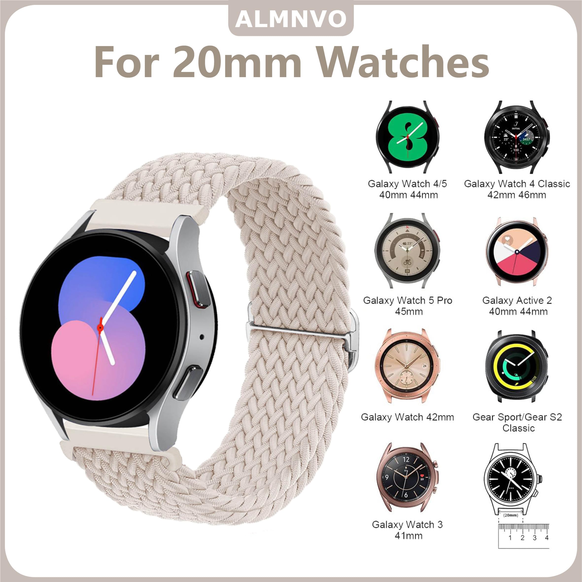 20mm Braided Nylon Adjustable Band for Samsung Galaxy Watch 5/4/6/active 2 40mm 44mm/Galaxy Watch 5 Pro 45mm/Watch 4 Classic 42mm 46mm/Galaxy Watch 6 Classic 43mm 47mm,6Pack Wristband Sport Strap for