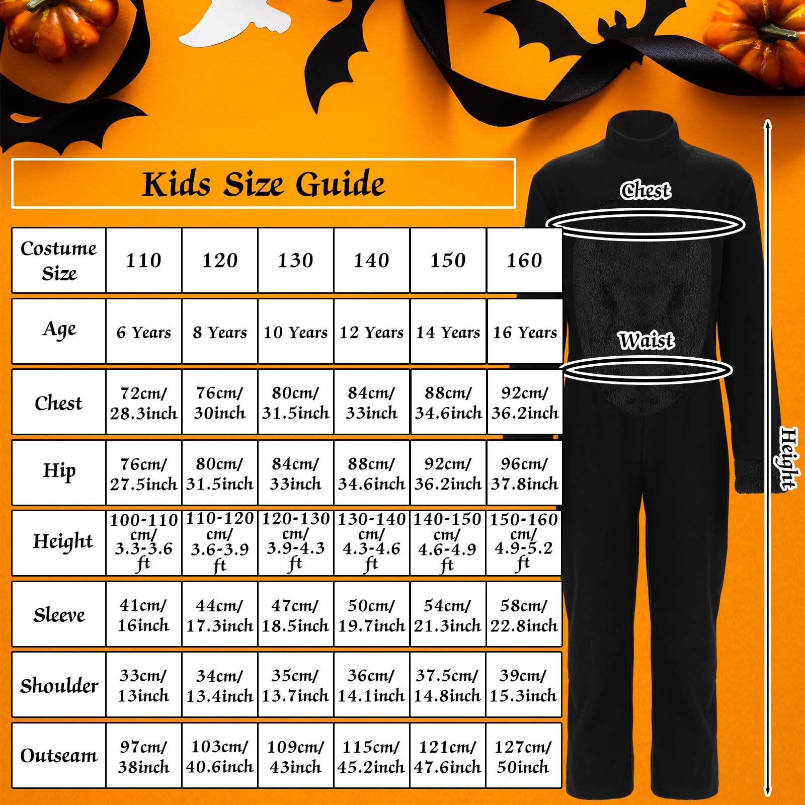 Ramede Halloween Cat Costume for 6-16 Years Girls Black Cat Costume with Gloves Headband Tail Stickers for Kids(Size 130)