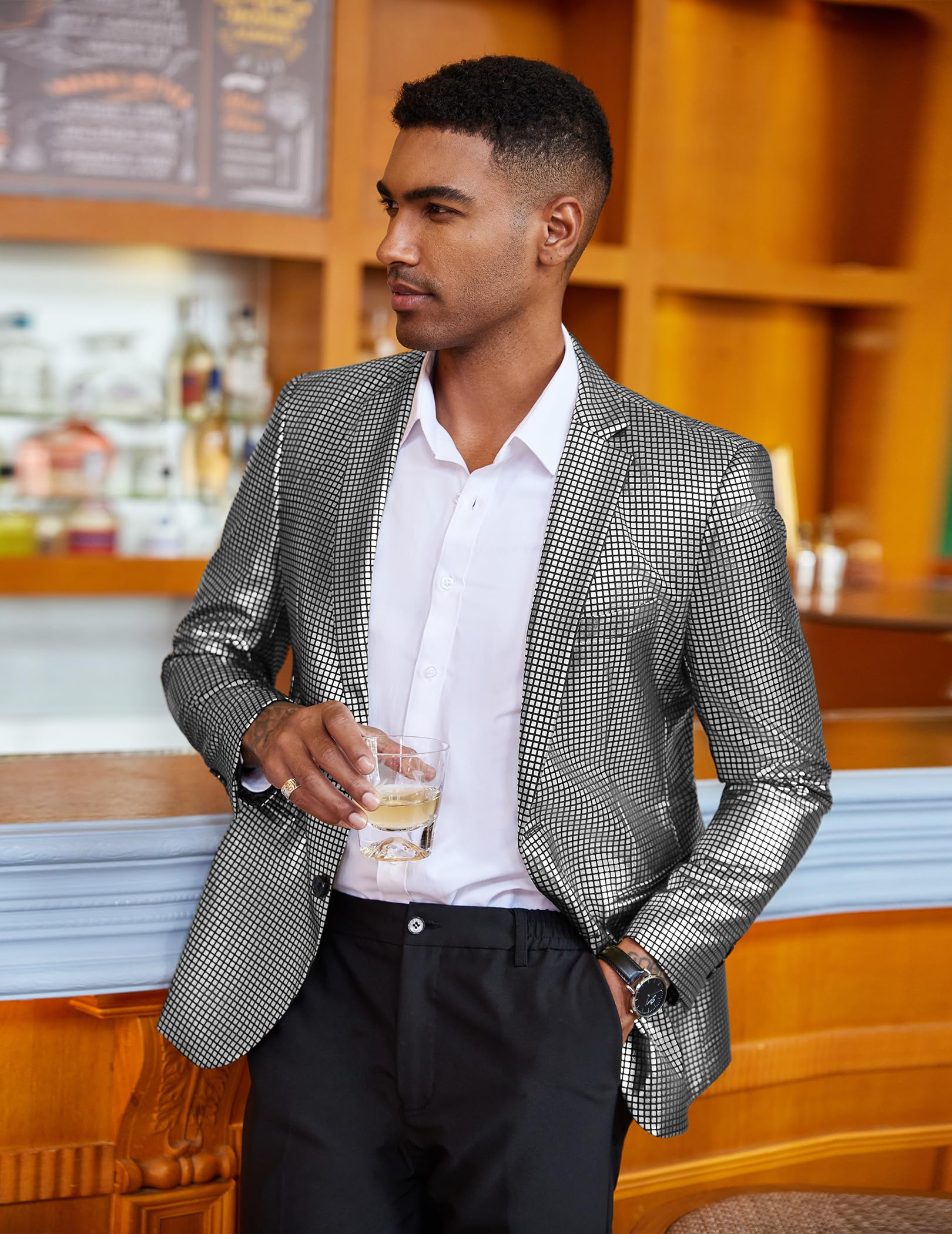 COOFANDY Mens Metallic Jacket Regular Fit Sport Coat Casual Fashion 70s Disco Silver Jacket