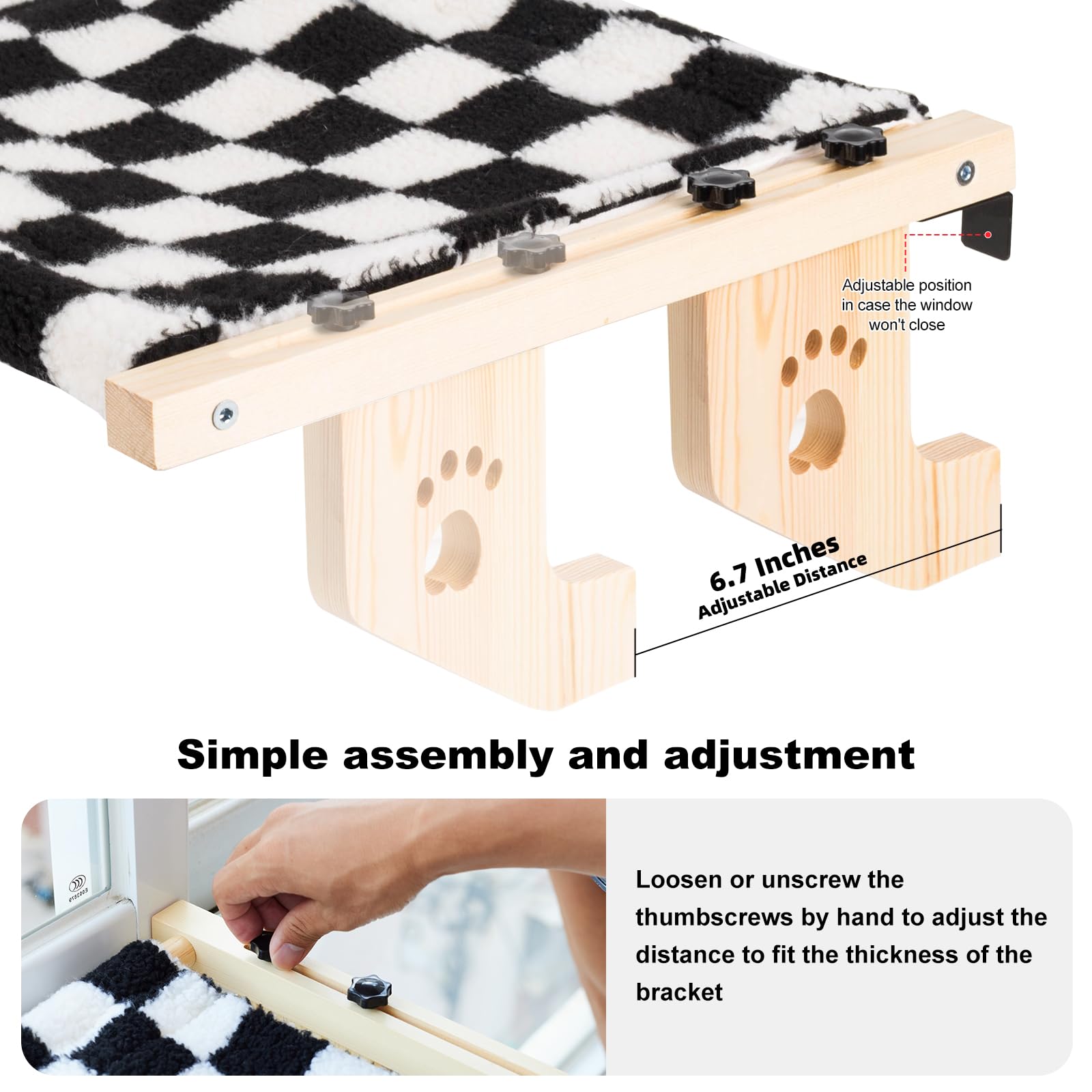 JTL-ADMCW Cat Sill Window Perch Hammock Sturdy Solid Wood Frame for Large Cats Easy to Assemble&Adjust Bed Windowsill, Bedside, Drawer and Cabinet(Chessboard Plush) Black/White